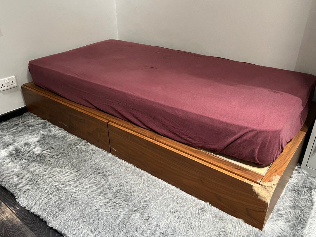 Muji Wooden Single Storage Bed Frame with Mattress, Furniture & Home ...