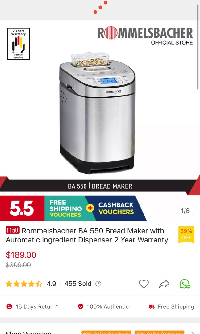 Rommelsbacher BA 550 Bread Maker with Automatic Ingredient Dispenser ...