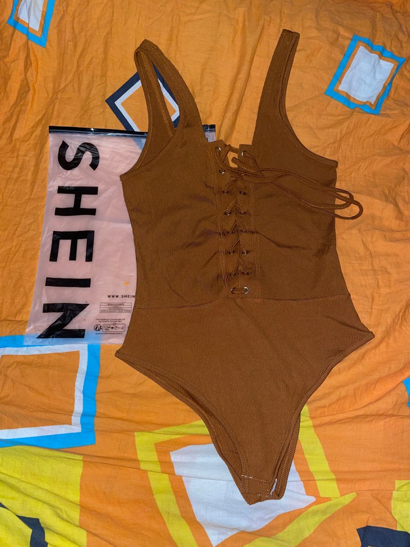 Shein Unity Lace Up Front Rib Knit Tank Bodysuit Choco Brown Availble