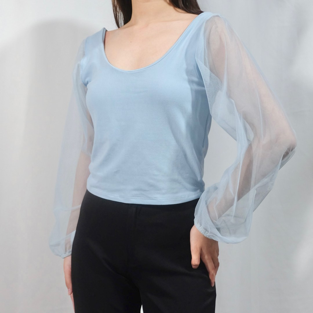 sky blue / light blue mesh top, Women's Fashion, Tops, Longsleeves on ...