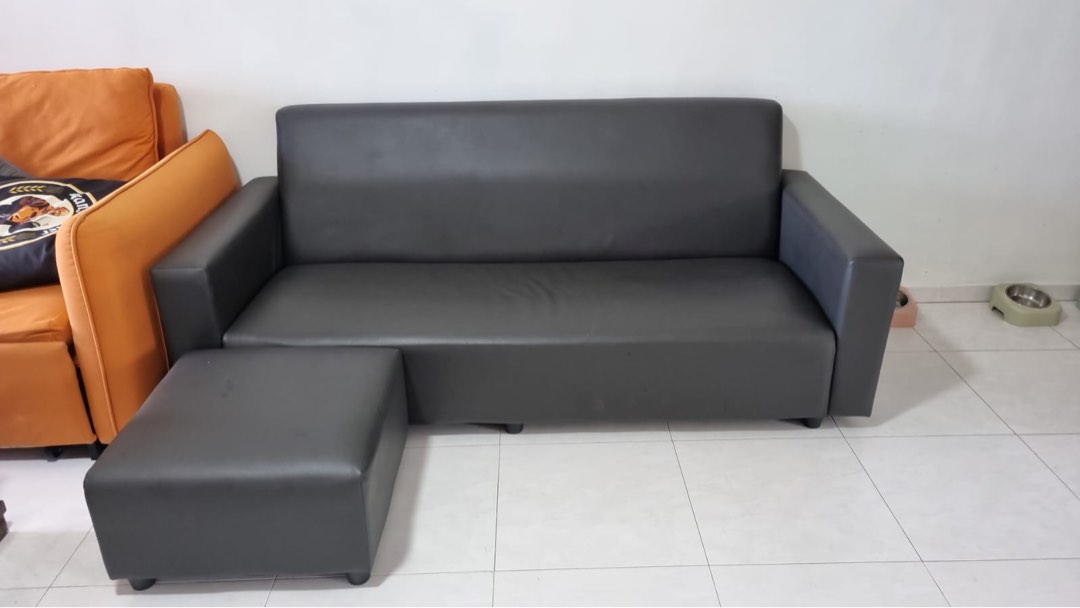 Sofa Grey PVC Faux Leather + Stool Safa 178cm x 75cm x 75cm, Furniture ...