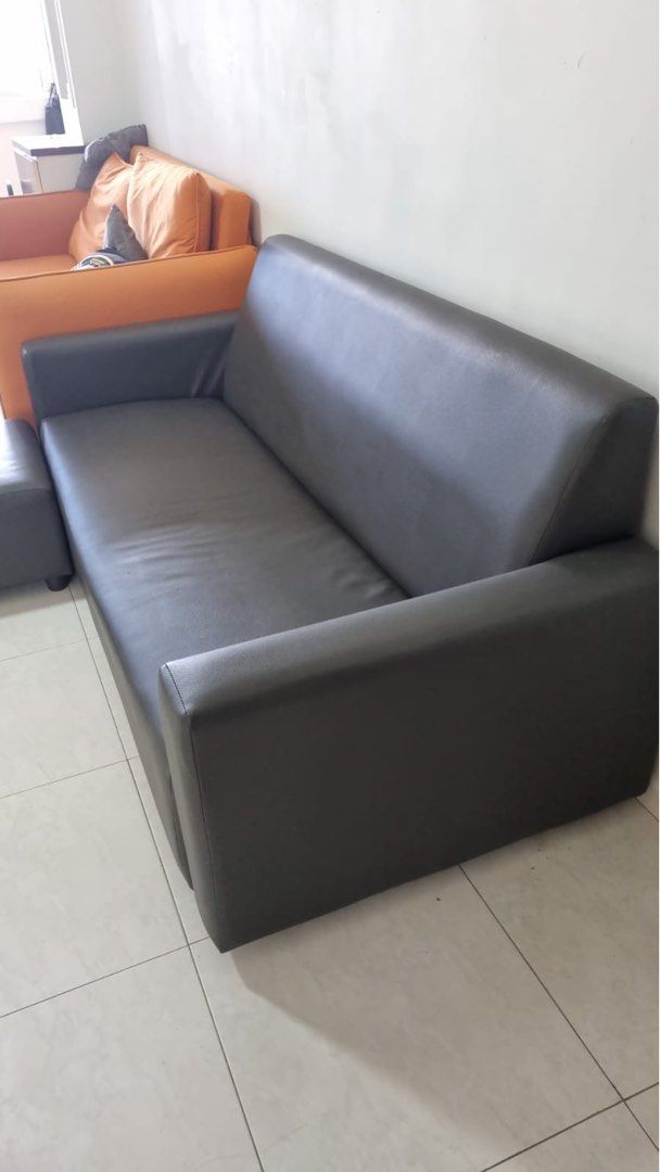 Sofa Grey PVC Faux Leather + Stool Safa 178cm x 75cm x 75cm, Furniture ...