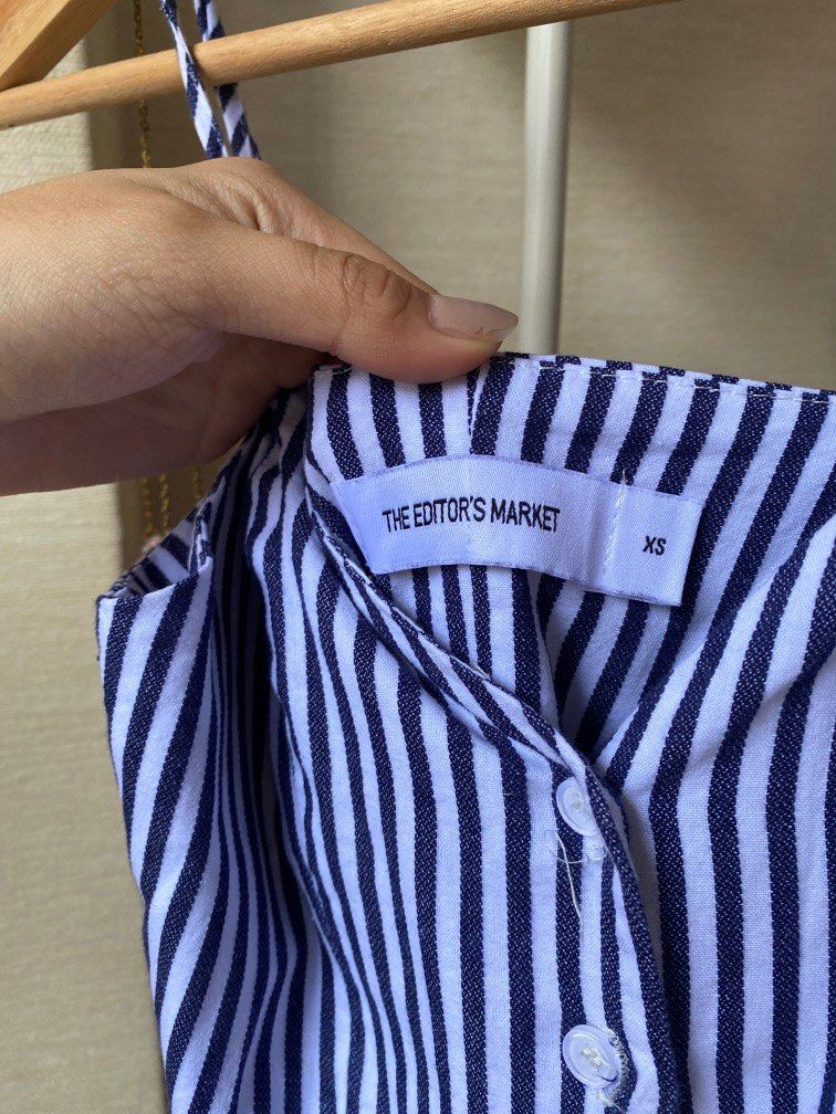 TEM navy striped linen midi dress, Women's Fashion, Dresses & Sets ...