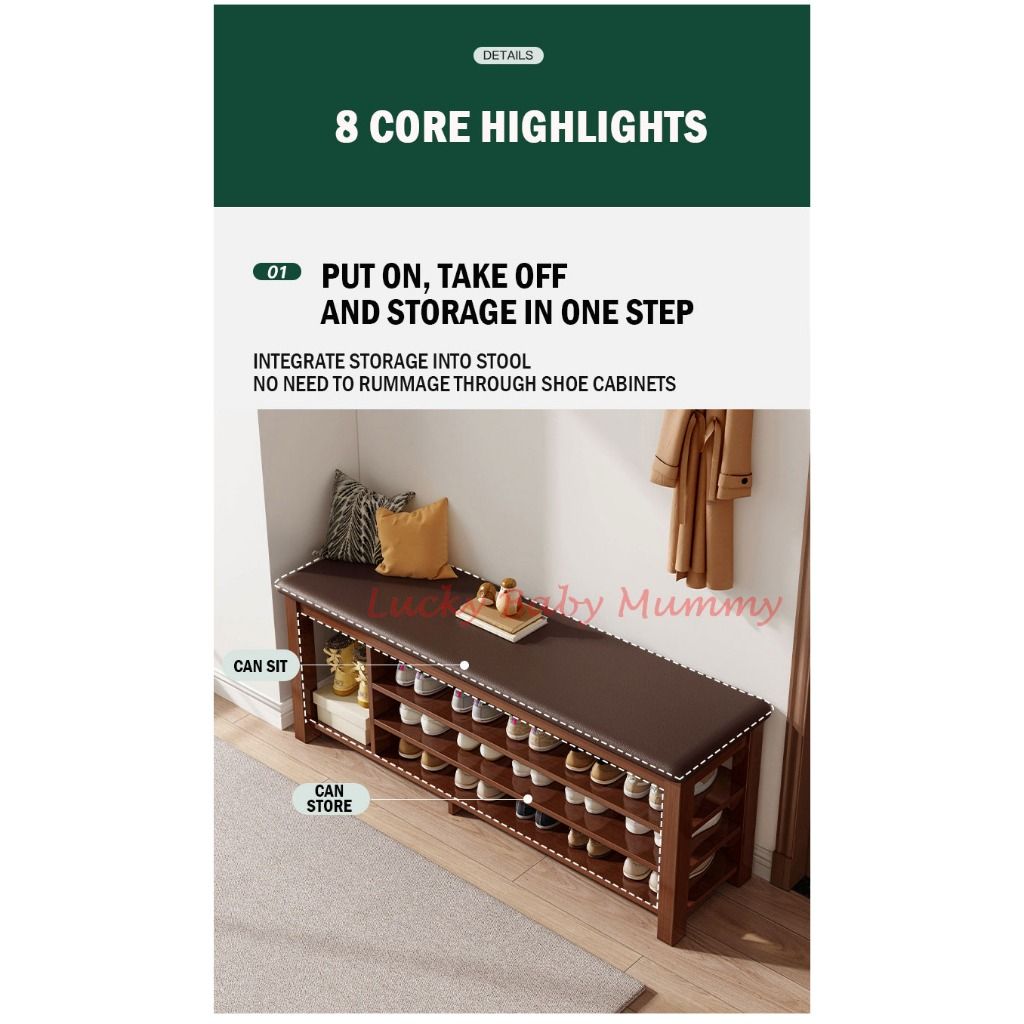 Wooden Shoe Bench Solid Wood Leg Shoe Rack Stool PU Seat Household Shoe ...