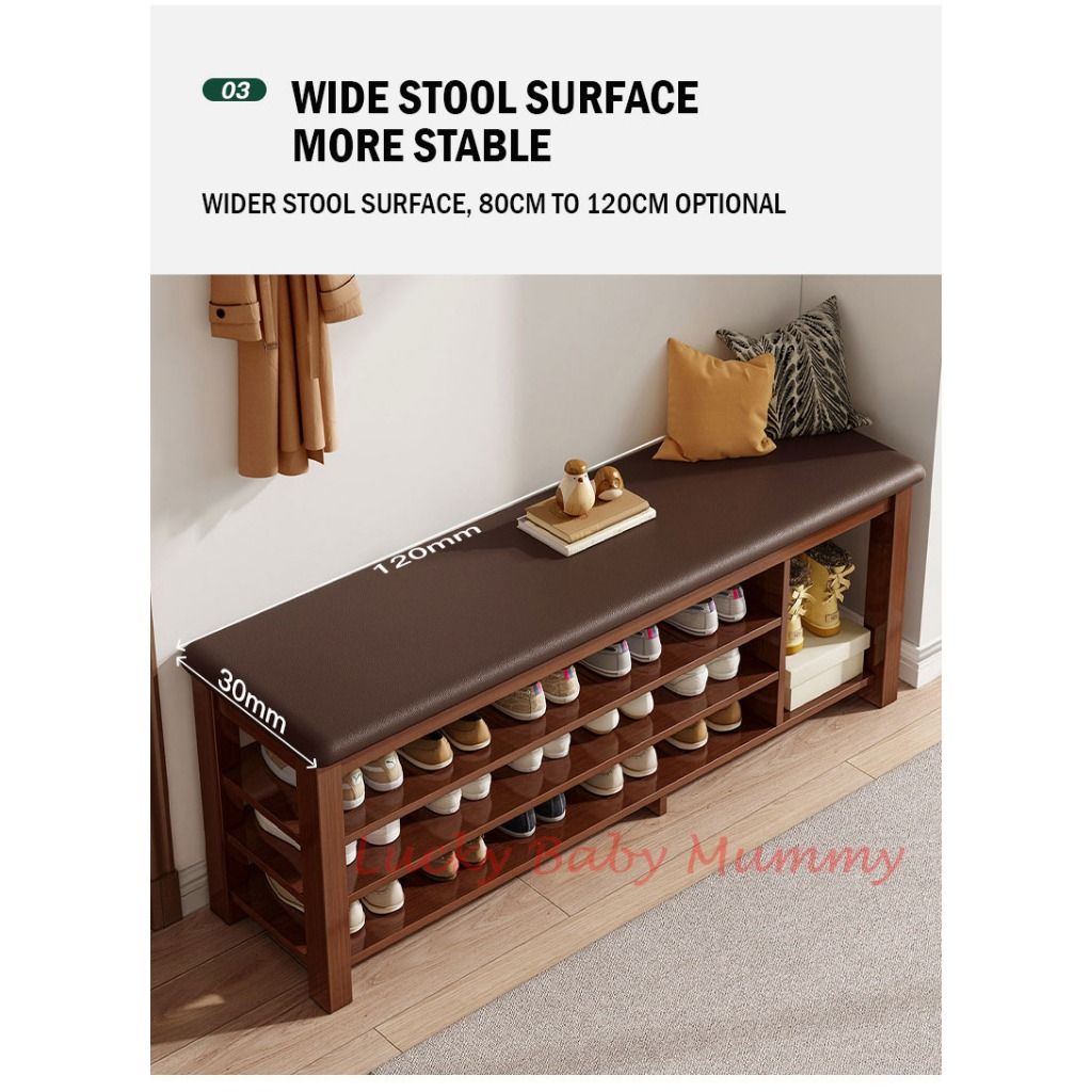 Wooden Shoe Bench Solid Wood Leg Shoe Rack Stool PU Seat Household Shoe ...