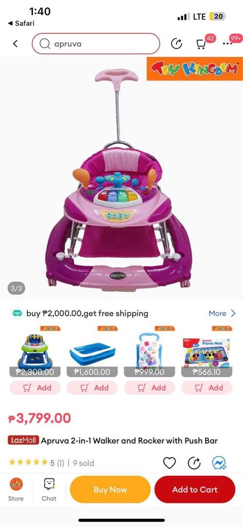 Apruva 2 in 1 walker and rocker with push bar, Babies & Kids, Infant ...