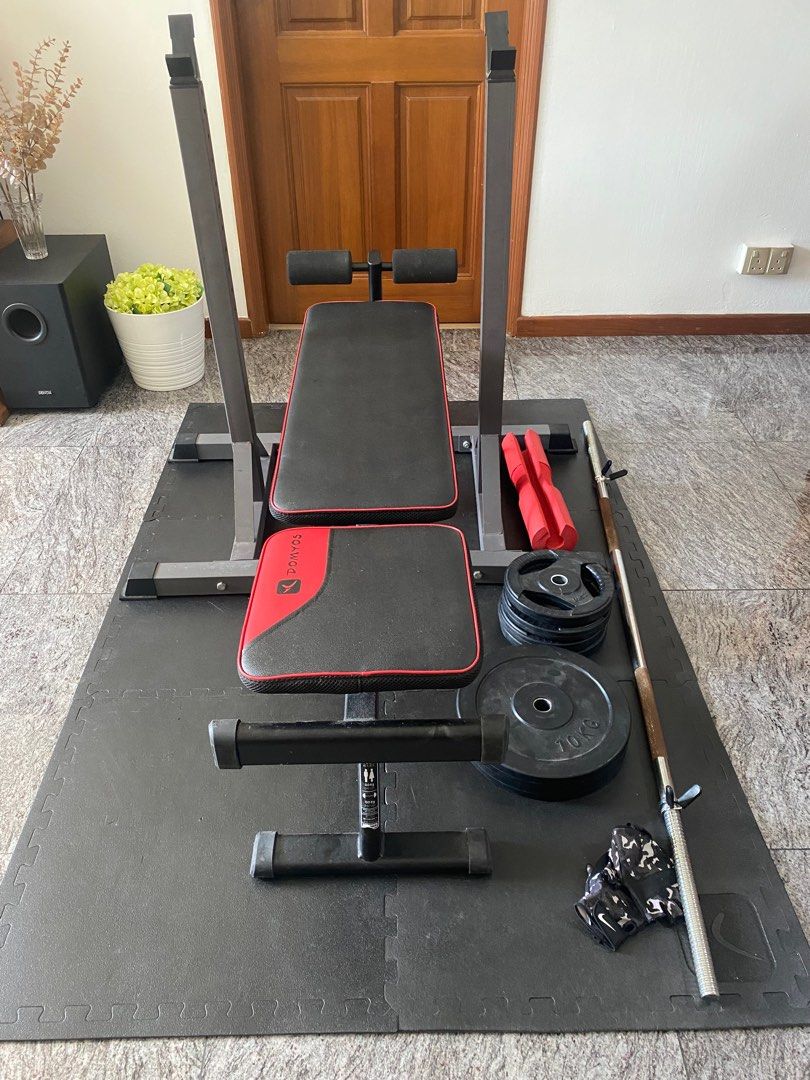 Barbell, 30kg Weights, Domyos 500 Bench and Squat Rack set, Sports ...