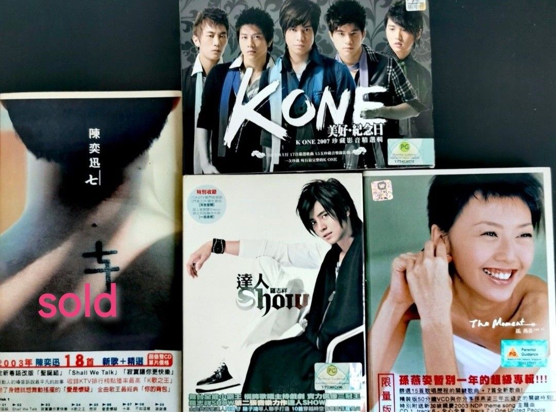 CD for sale (respective price) 1. 陈奕迅 七(2CD)$20.00sold 2.孙燕姿 The Moment(2CD+VCD) $20.00 3.kone ...