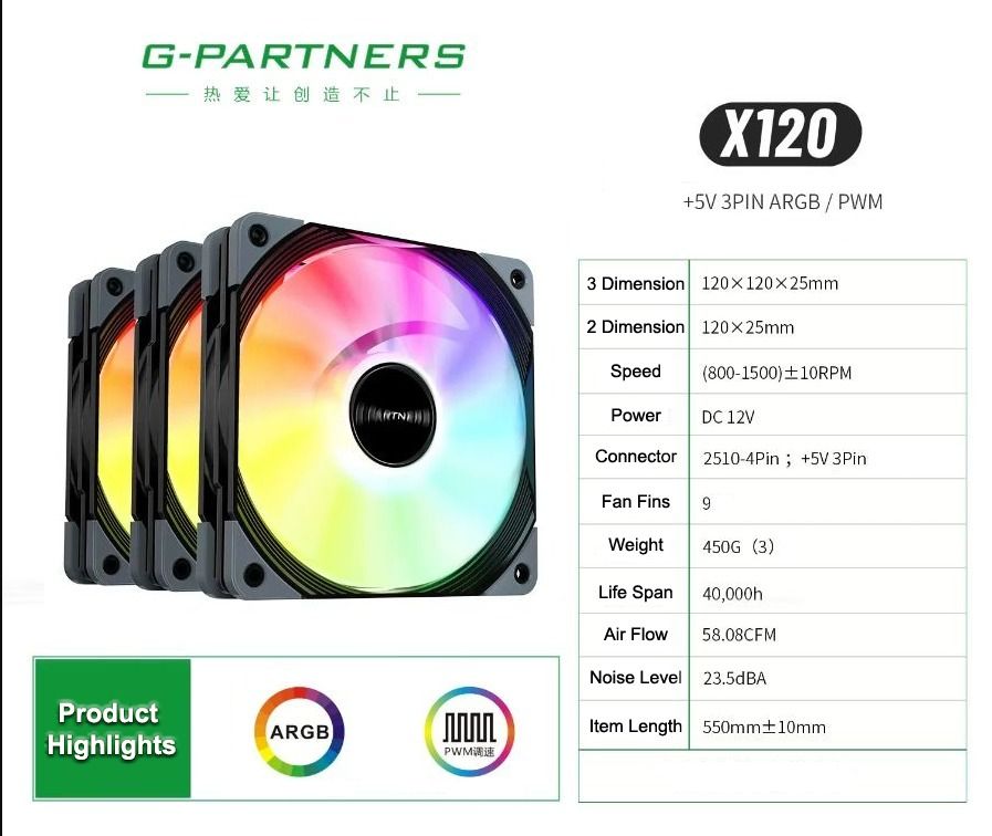 G Partners X120 ARGB 12CM Fan silent 3 Pack Black and White fans available PWM 5v3 120mm Quiet ...