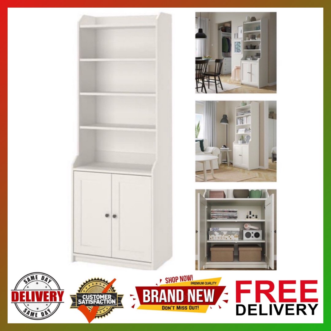 Ikea Bookcase, Bookshelf, HAUGA High cabinet with 2 doors White, 70x199 ...
