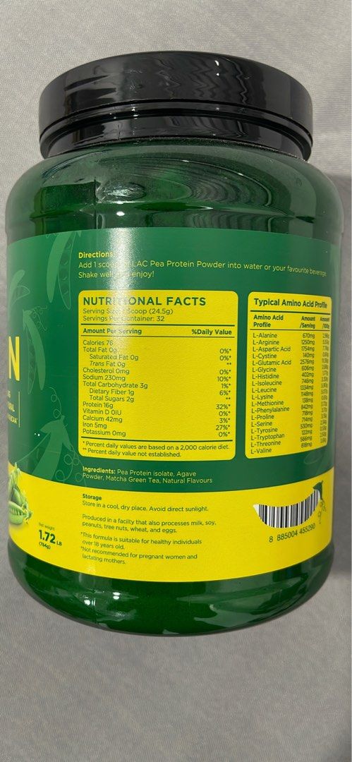 LAC Pea Protein Powder- Matcha Flavour, Health & Nutrition, Health ...