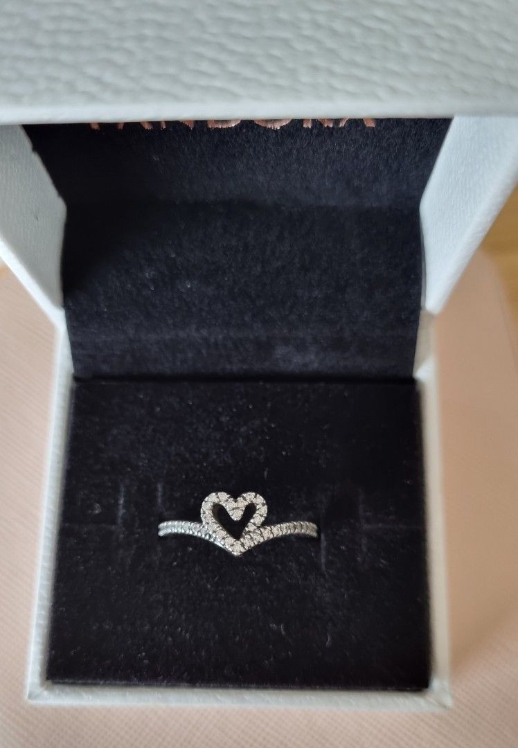 Pandora Sparkling Wishbone Heart Ring (Size 50), Women's Fashion ...