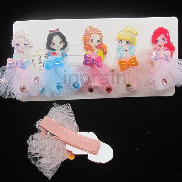 Set of 5 Children cartoon Hairpin Disney Princess Mesh Dress Hair Clip ...