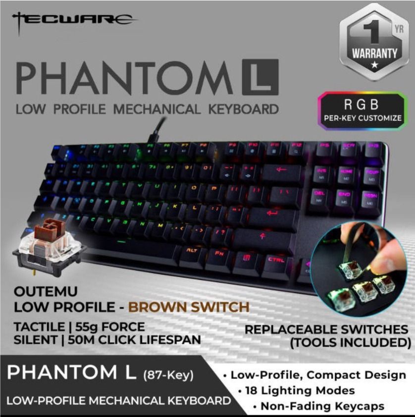 Wired Tecware Phantom L, Low Profile Mechanical Keyboard, RGB LED ...
