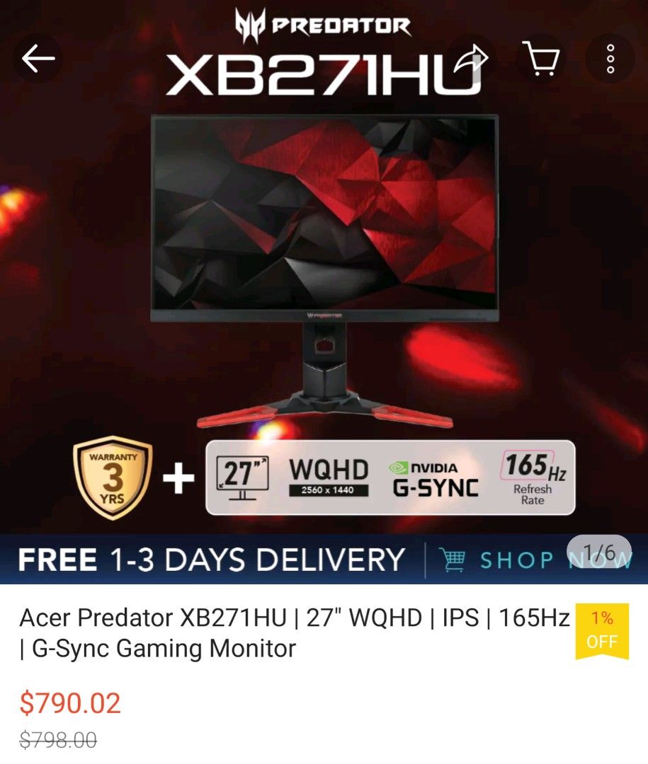 Acer Predator 27 inch 165hz gaming monitor XB271HU IPS G-Sync ...