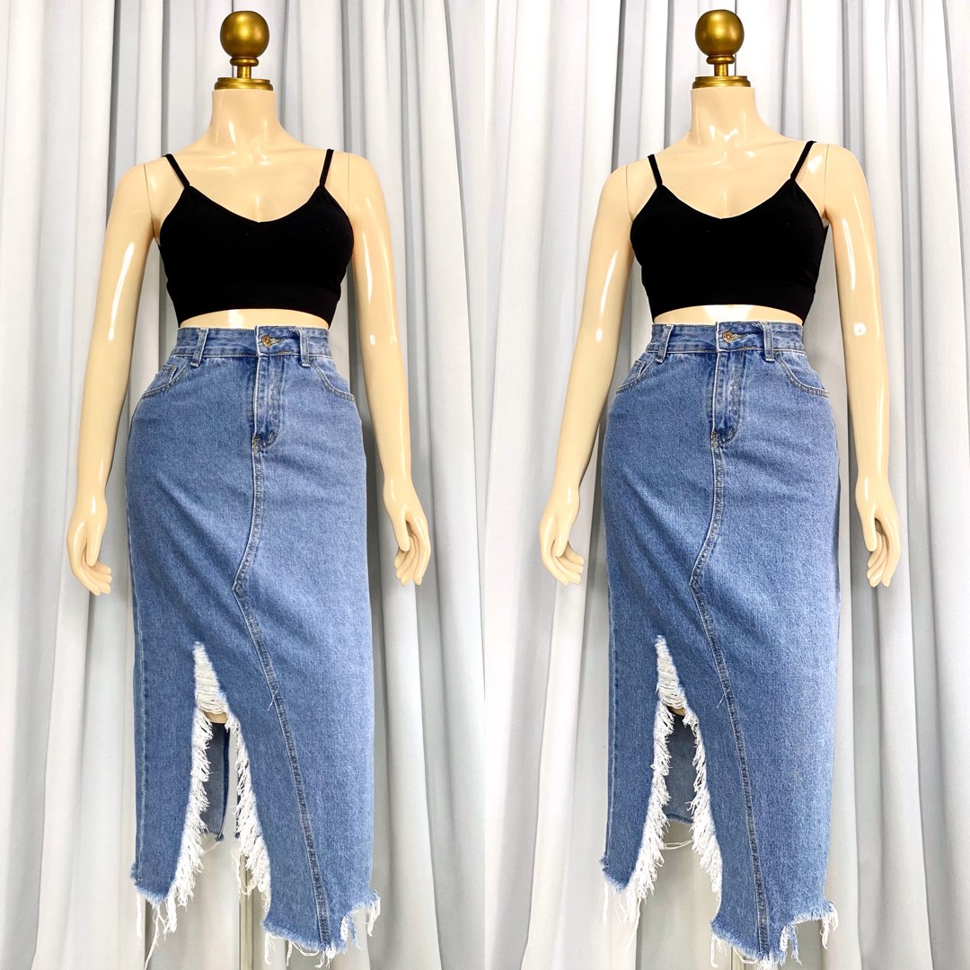 Asymmetrical Side Slit Ripped Jeans Tattered Maxi Denim Long Skirt ...