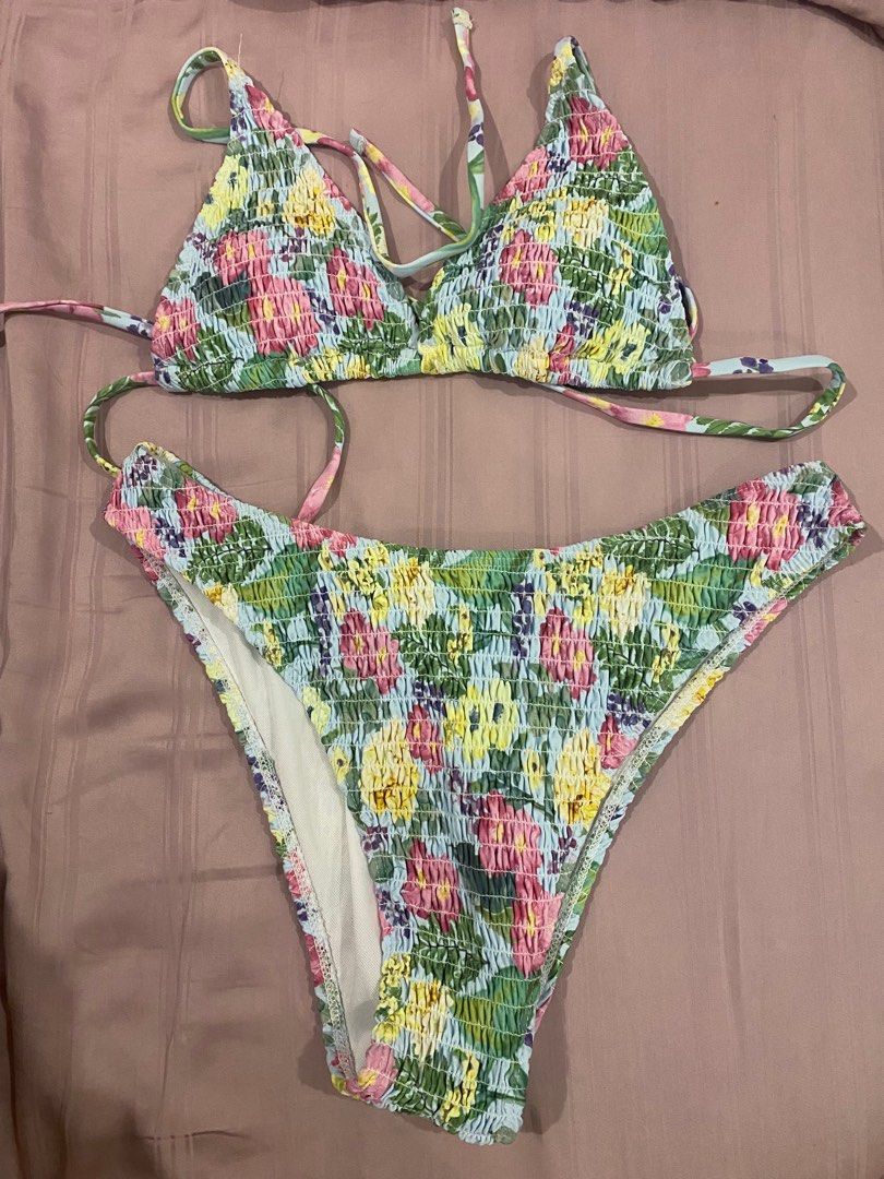 Claudine Co: Floral Ruched Bikini Swimsuit Set on Carousell