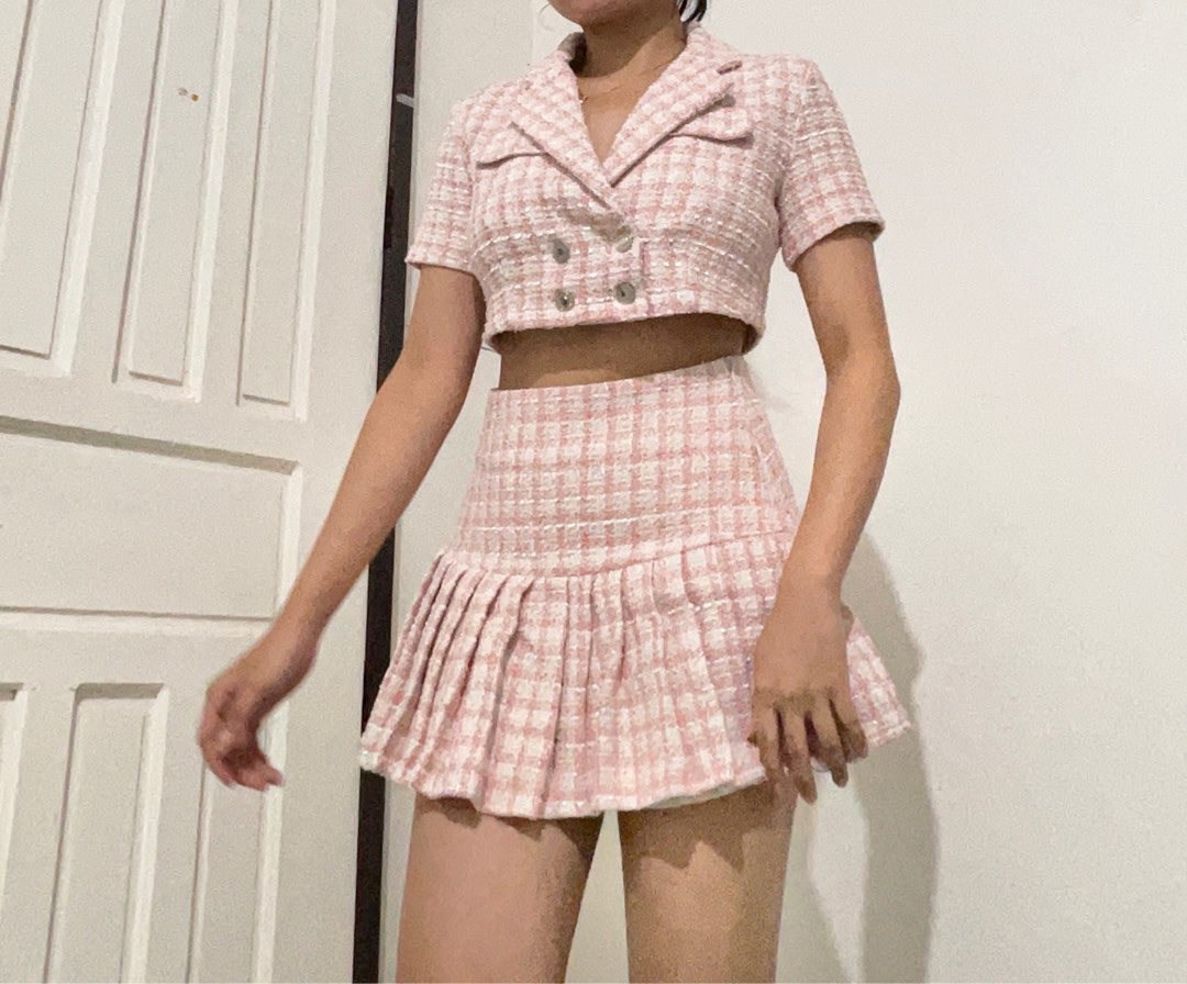 Tweed pink coordinate skirt and crop top buttoned set on Carousell
