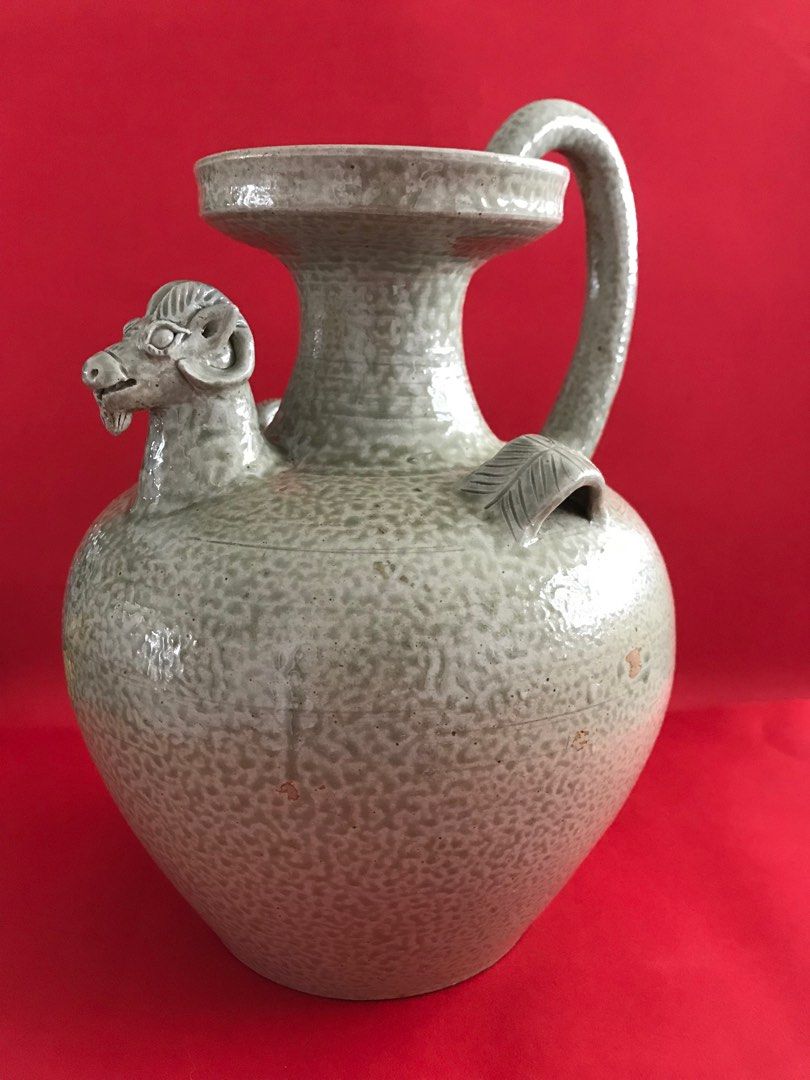Vintage Ewer with Goat- Head Spout, Stoneware with Celadon Glaze ...