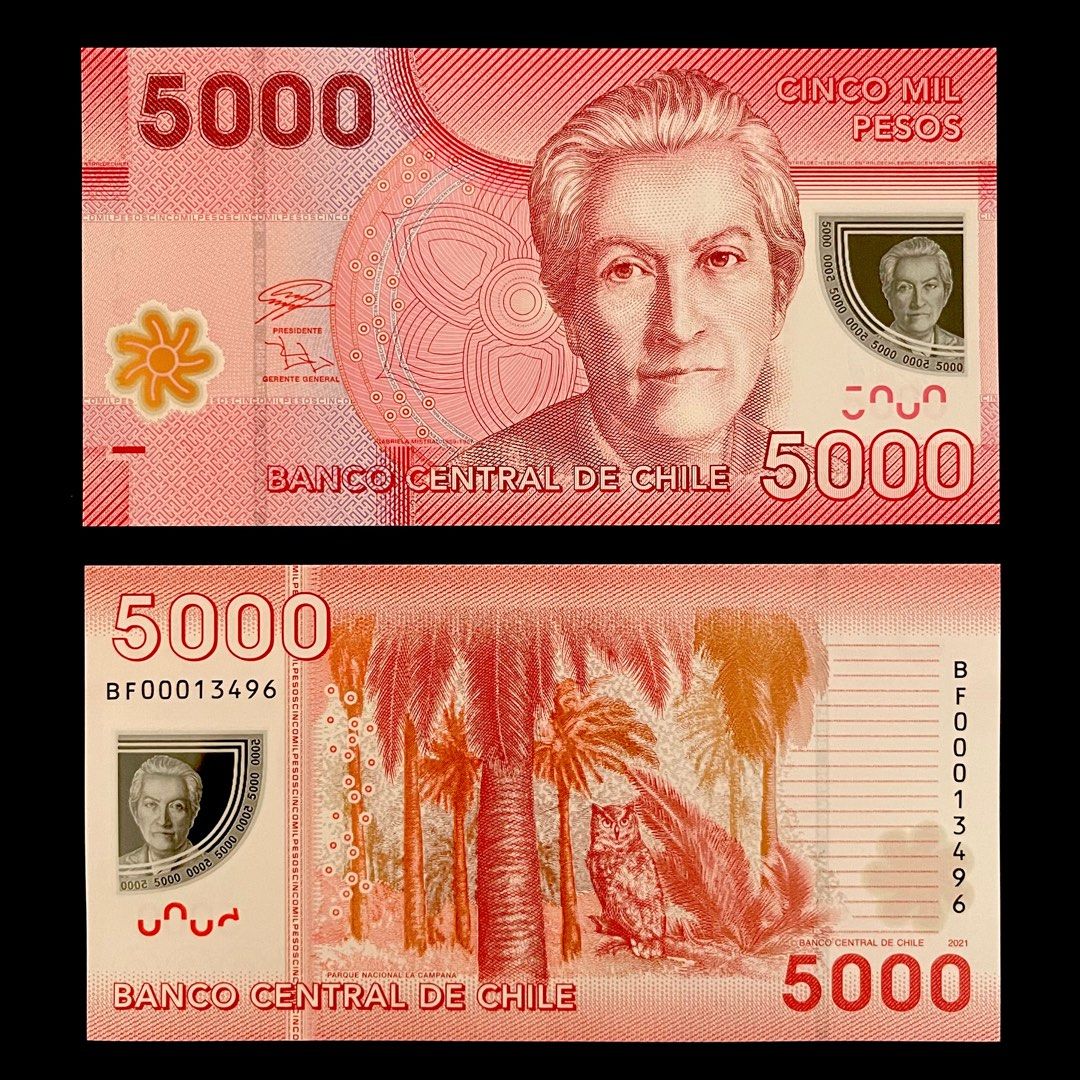 2021 CHILE 5,000 5000 PESOS POLYMER P-163h UNC > GABRIELA MISTRAL PALM ...