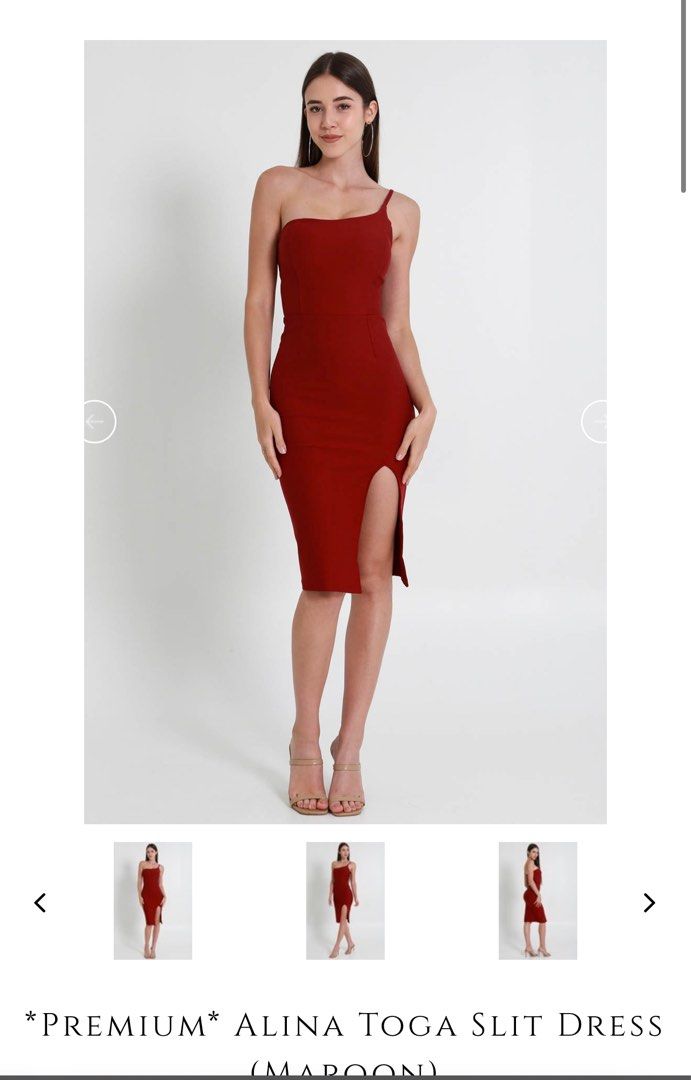 Carrislabelle *Premium* Alina Toga Slit Dress (Maroon), Women's Fashion ...