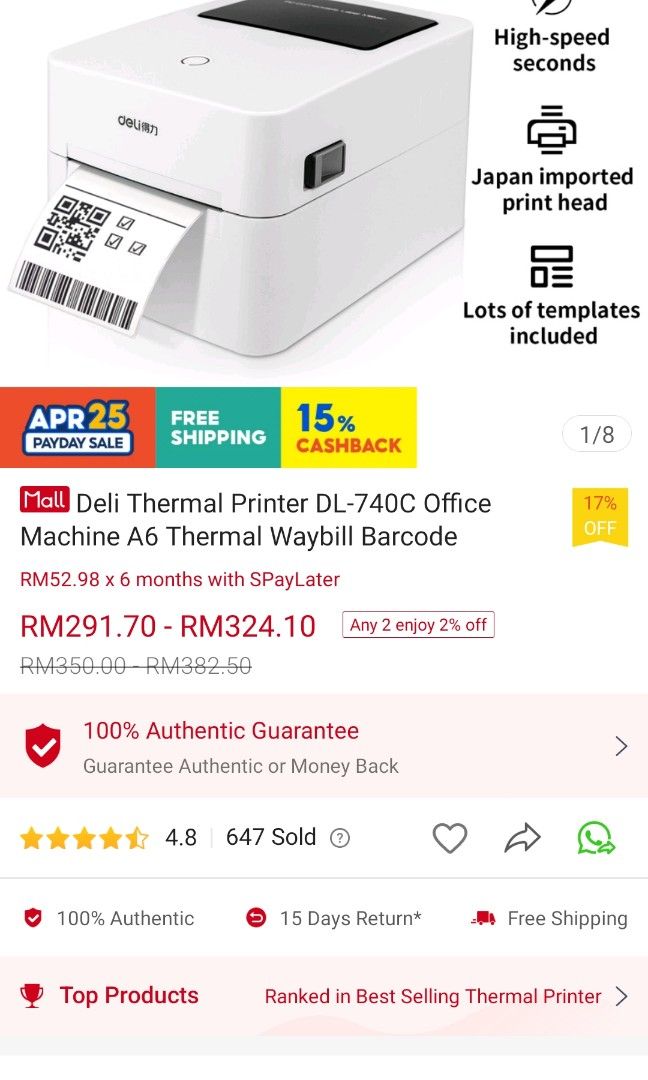 Deli thermal printer DL-740C waybill printer barcode printer, Computers & Tech, Printers ...