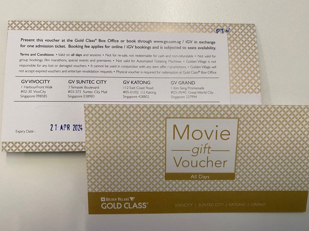 Golden Village Gold Class All Day Ticket x2, Tickets & Vouchers ...
