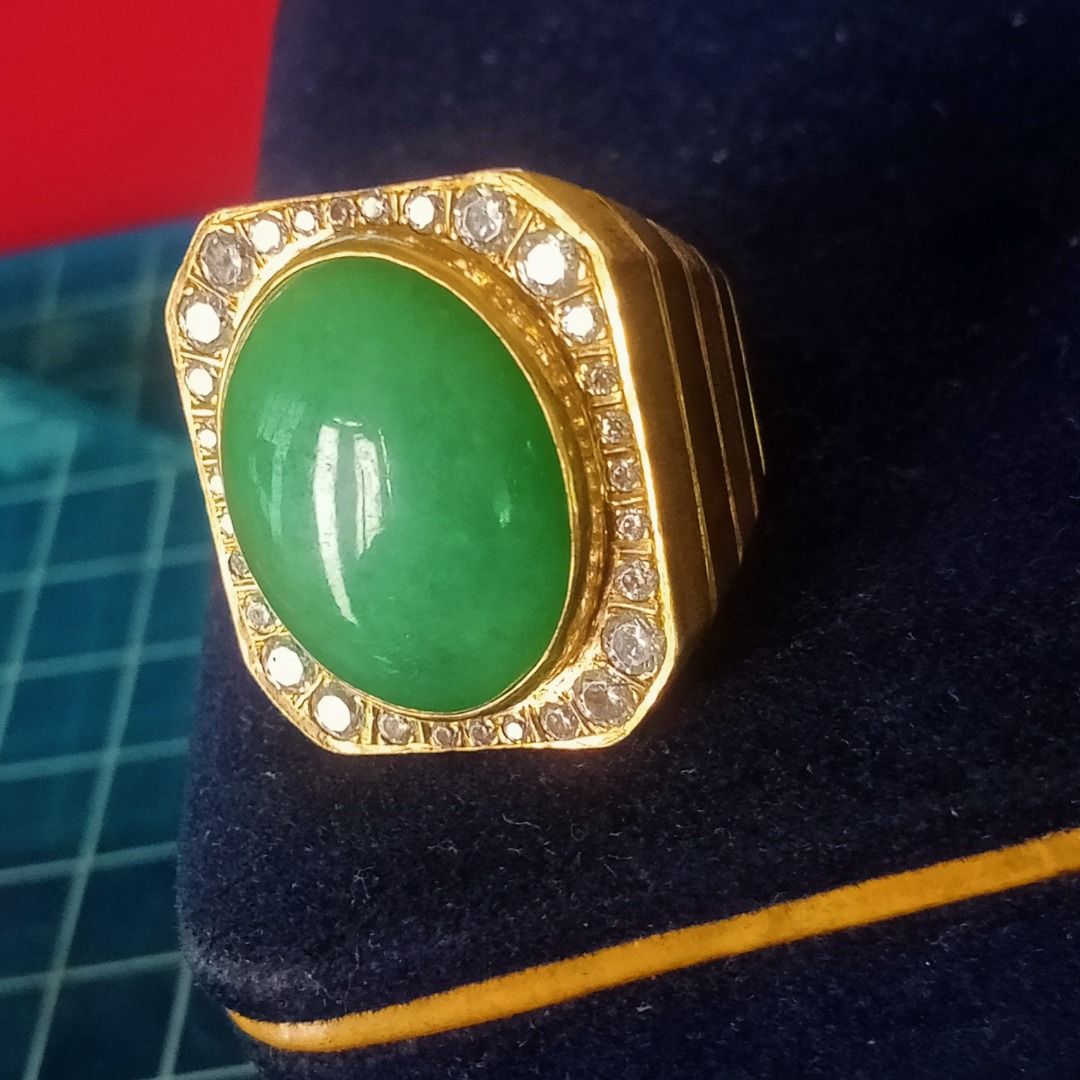 SOLID GOLD 916 RING WITH NATURAL WHITE SAPPHIRES WITH " FEI CUI " JADE ...