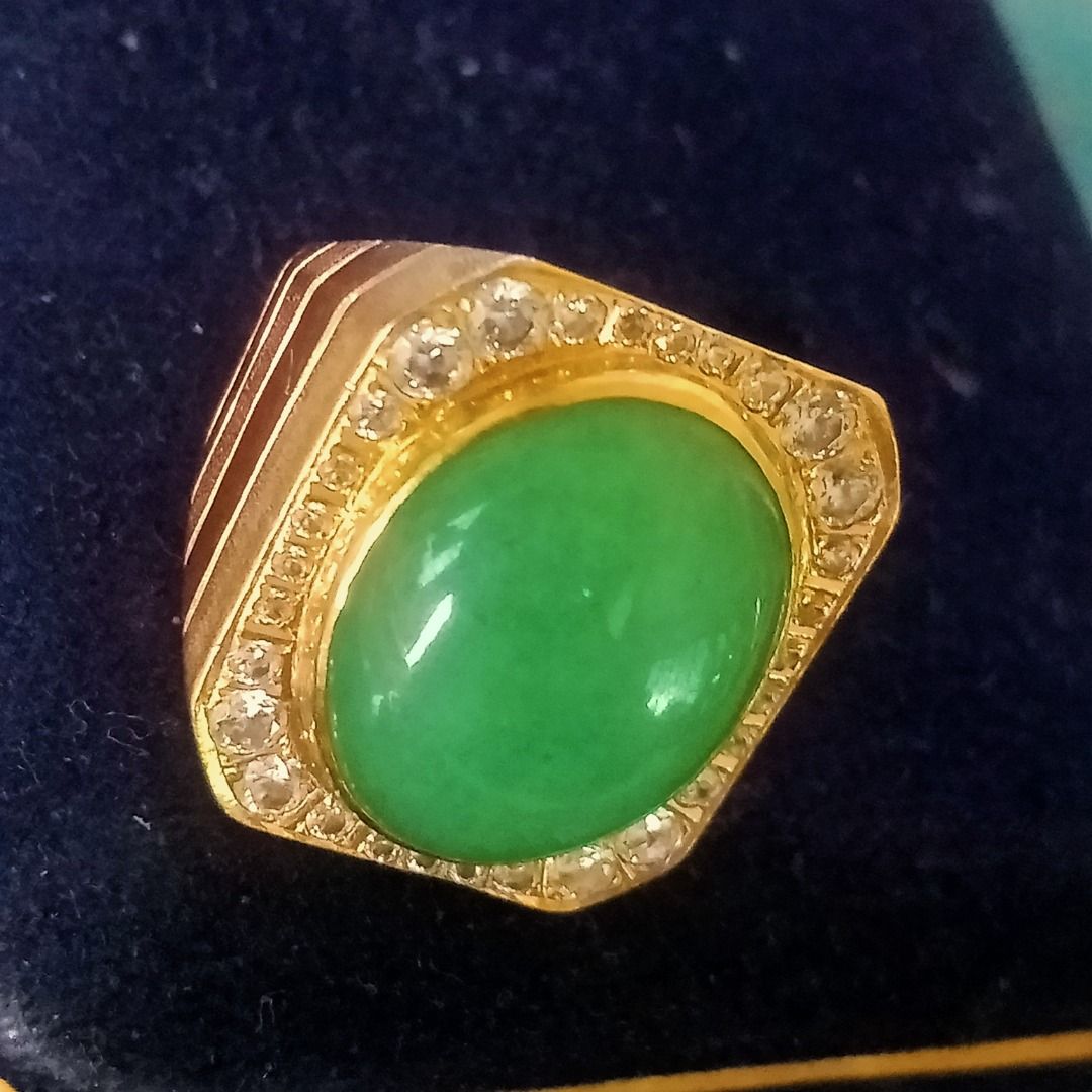 SOLID GOLD 916 RING WITH NATURAL WHITE SAPPHIRES WITH " FEI CUI " JADE ...
