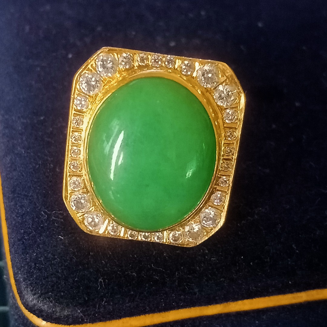 SOLID GOLD 916 RING WITH NATURAL WHITE SAPPHIRES WITH " FEI CUI " JADE ...