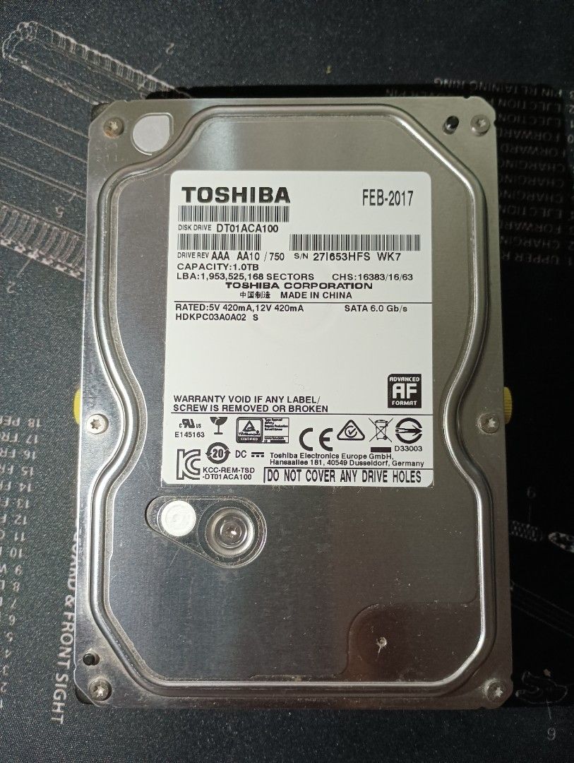 TOSHIBA DT01ACA100 1TB HDD, 電腦＆科技, 電腦周邊及配件, 電腦周邊產品 - Carousell