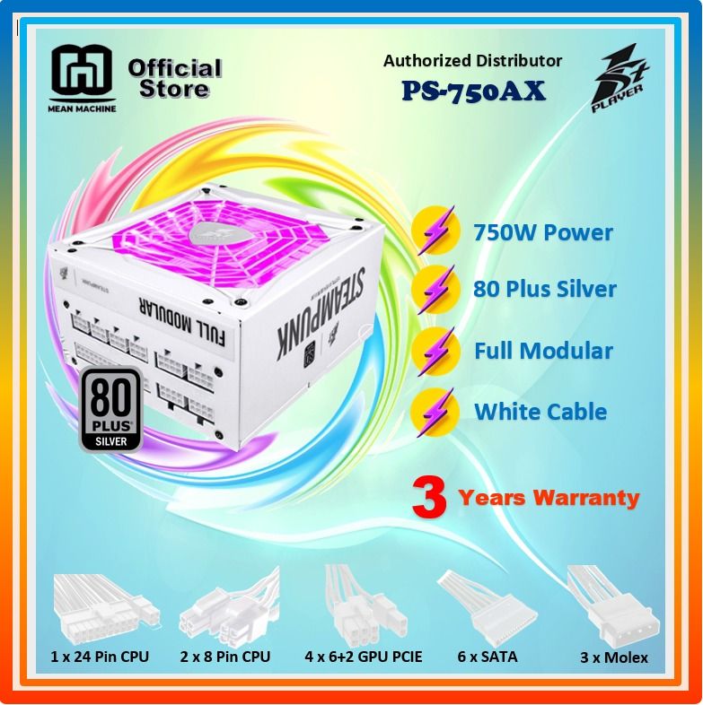 1ST PLAYER 750W White RGB PSU 80+ Silver Full Modular with White ...