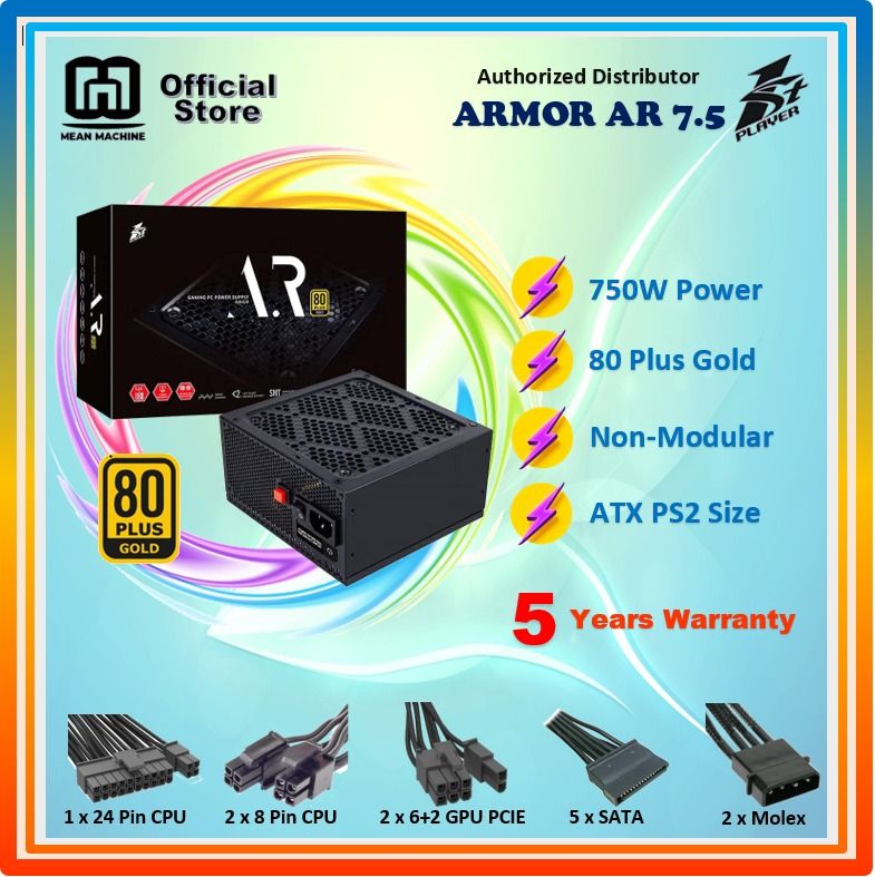 1ST PLAYER Armor AR7.5 750W Gaming Non Modular 80 Plus Gold Power Supply (Powercable) 5 Years ...