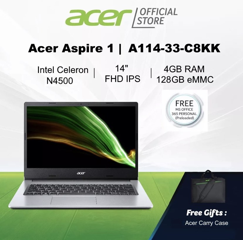 Acer Aspire 1 | A114-33-C8KK(Silver) Lightweight Laptop - Preloaded 1 Year Microsoft Office 365 ...