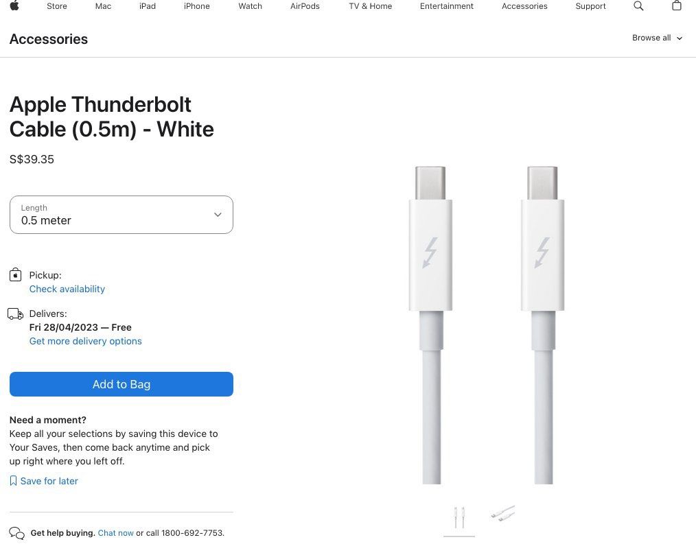 Apple Thunderbolt Cable (0.5m) - White, Computers & Tech, Parts ...