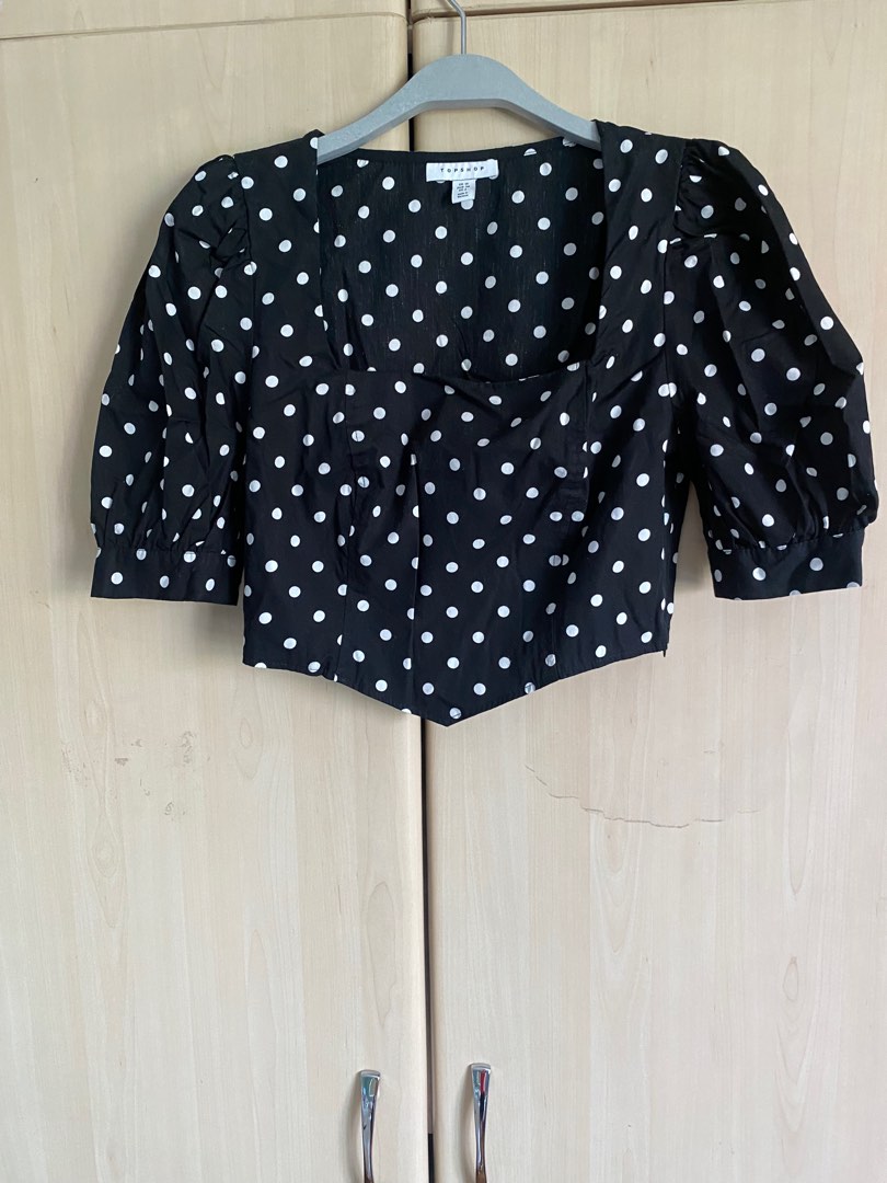 AUTH TOPSHOP BLACK AND WHITE POLKA DOT PUFF SLEEVE SIDE ZIP TOPBLOUSE, Women's Fashion, Tops ...