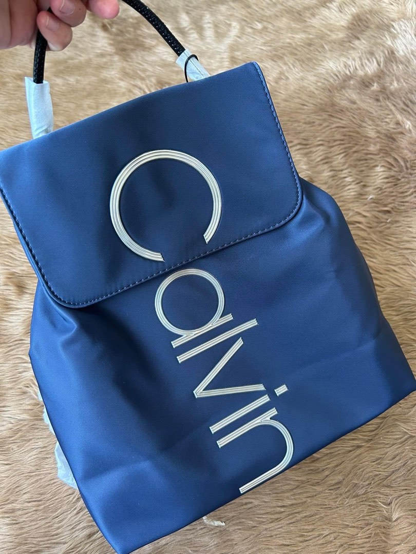 CK Logo Embellished Nylon Mini Navy Blue Backpack, Women's Fashion ...