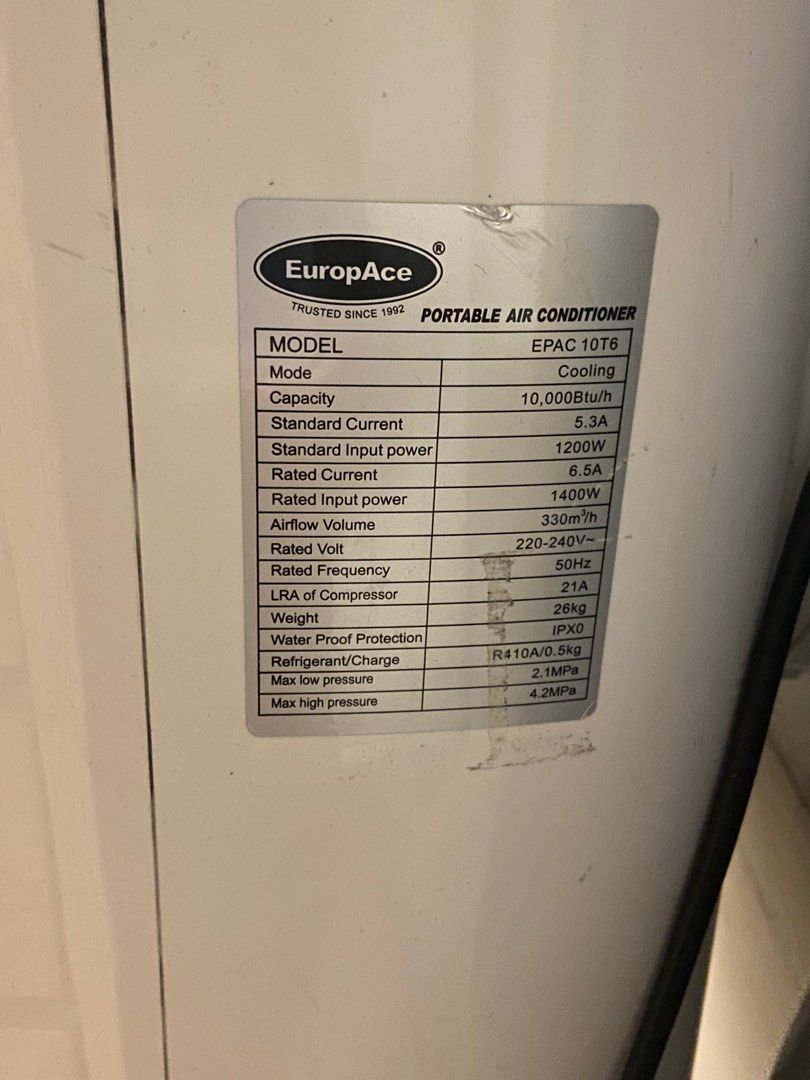 Europace Portable Aircon 10T6 10kBTU, TV & Home Appliances, Air ...