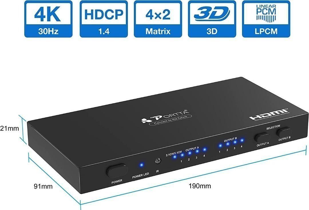 PORTTA HDMI Matrix 4x2, 4 In 2 Out 4K HDMI Matrix Switch Splitter with ...