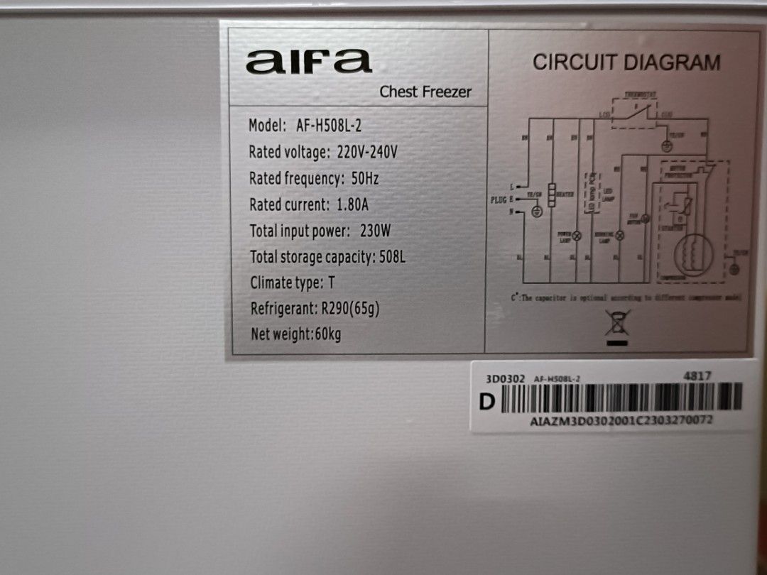 AIFA CHEST FREEZER AF-H508L-2, TV & Home Appliances, Kitchen Appliances ...