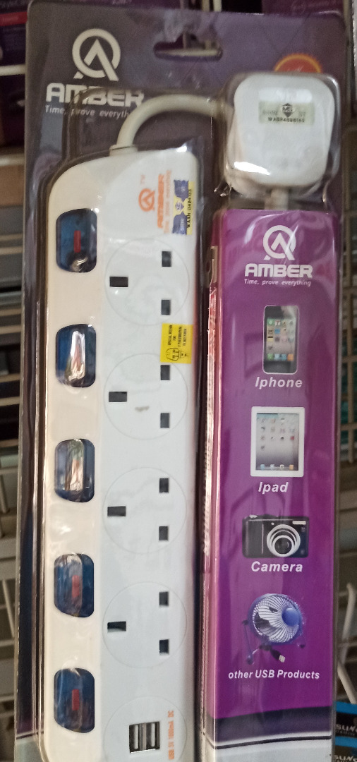 AMBER Portable Extension Socket Outlet With USB Socket 2M 4 WAY & 5 WAY ...
