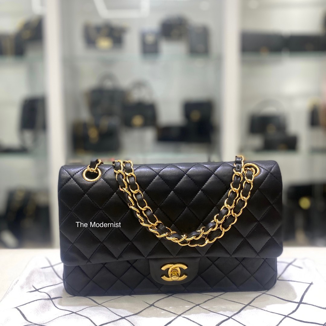 Authentic Chanel Medium Flap Bag Black Lambskin Gold Hardware, Luxury ...
