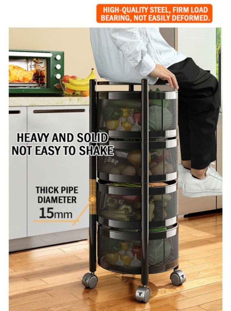 Cylindrical Kitchen Rotating Storage Box Basket Trolley Rack Vegetable ...
