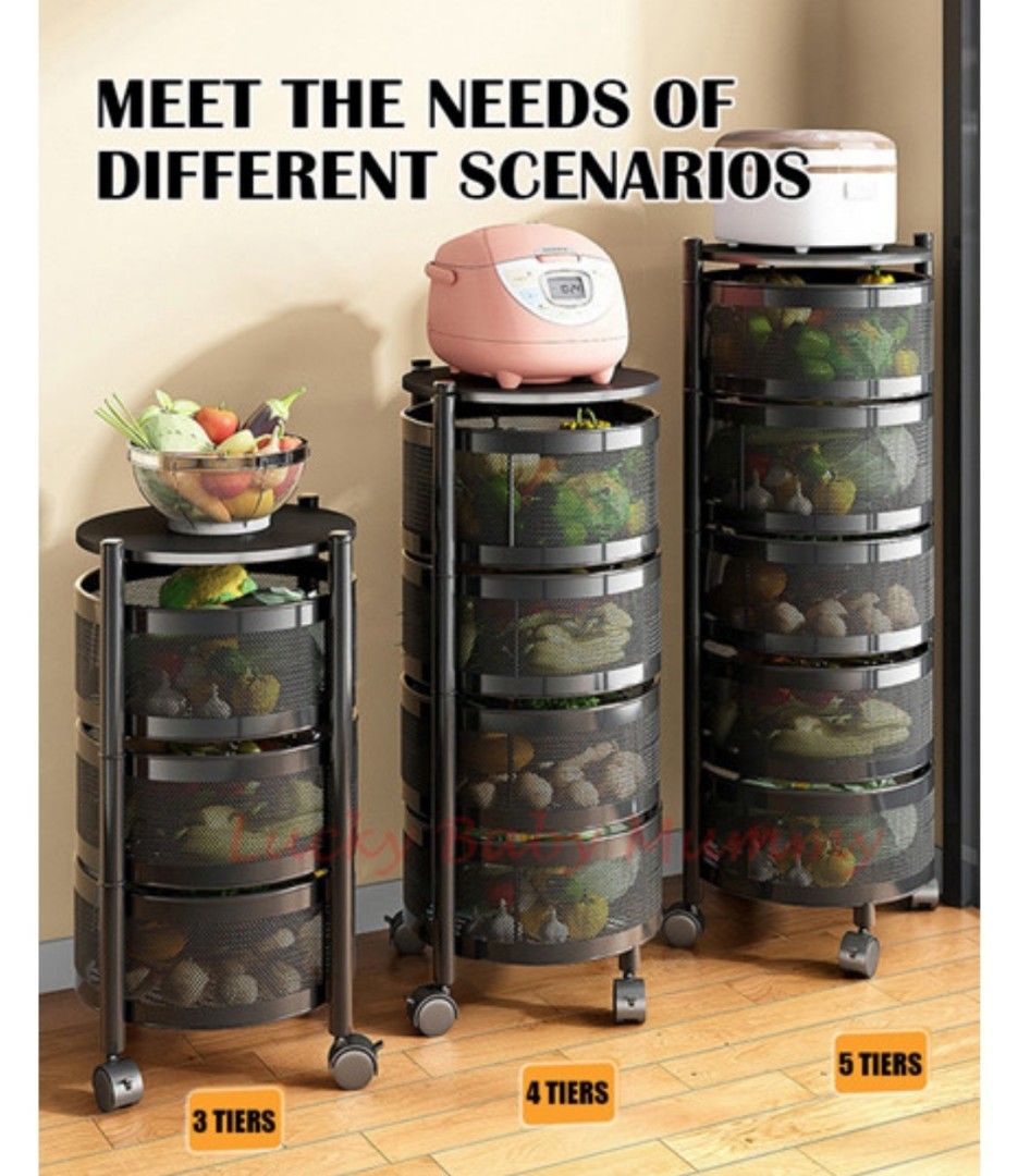 Cylindrical Kitchen Rotating Storage Box Basket Trolley Rack Vegetable ...