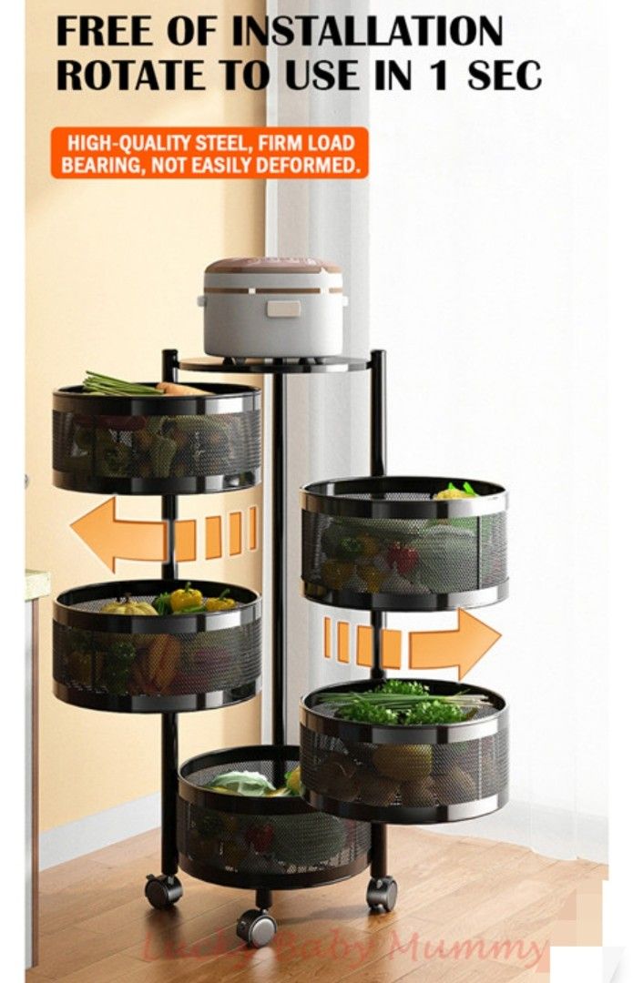 Cylindrical Kitchen Rotating Storage Box Basket Trolley Rack Vegetable ...