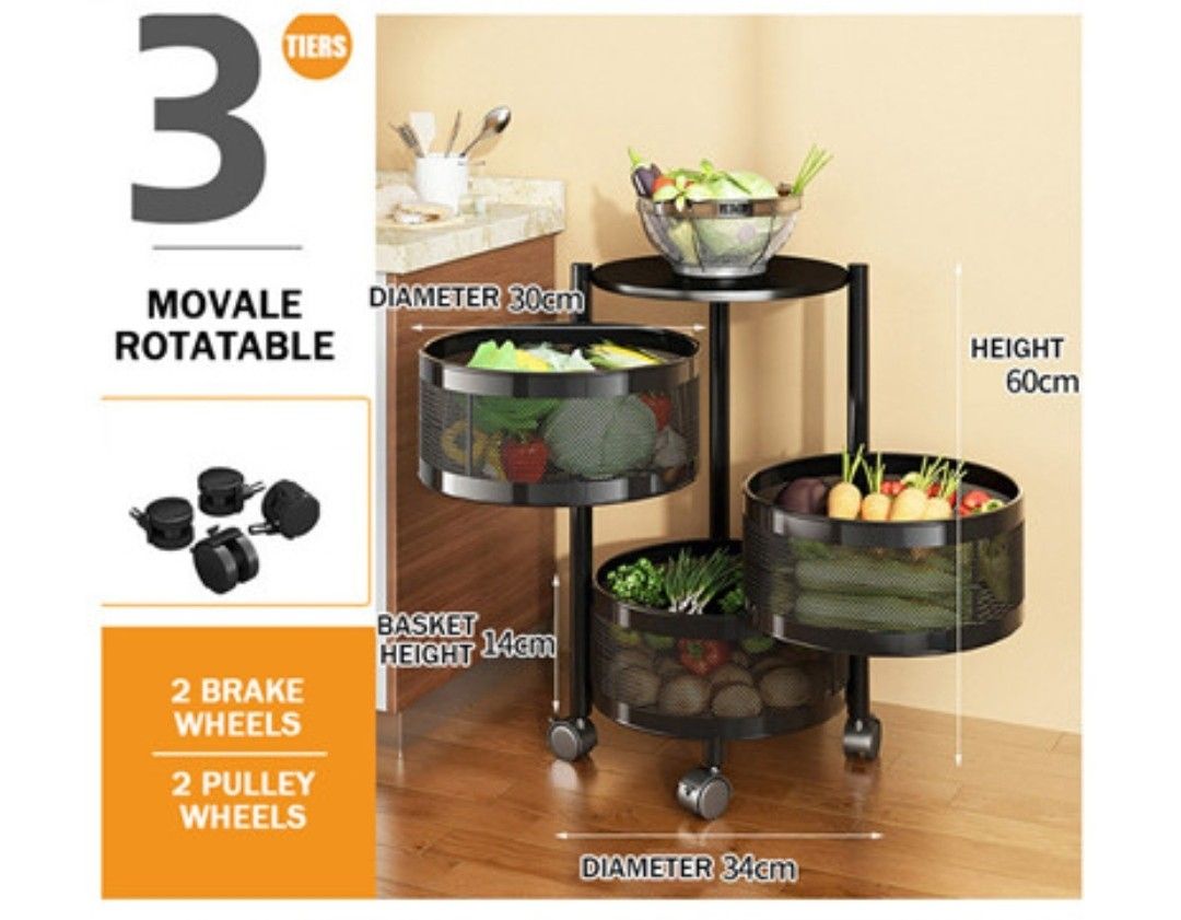 Cylindrical Kitchen Rotating Storage Box Basket Trolley Rack Vegetable ...