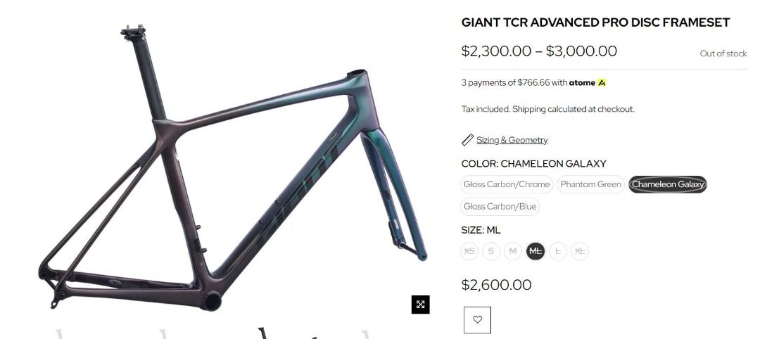 GIANT TCR ADVANCED PRO DISC FRAMESET ML SIZE, Sports Equipment ...
