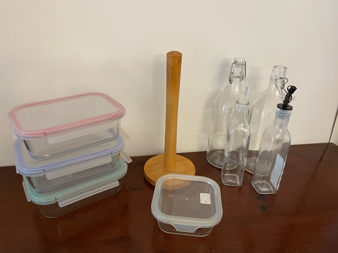 Glassware kitchen starter kit and wooden kitchen roll holder, Furniture ...