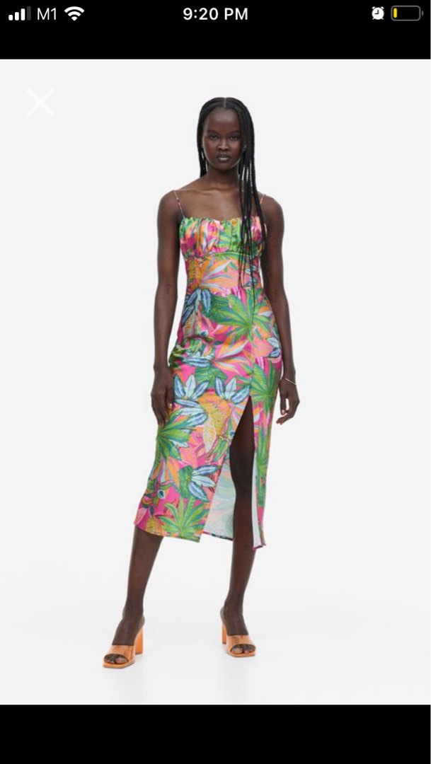 H&M Floral Patterned Satin Midi Dress with Slit, Women's Fashion ...