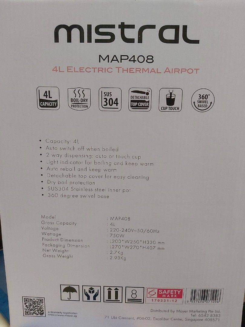Mistral MAP408 4L electric thermal airpot, TV & Home Appliances ...